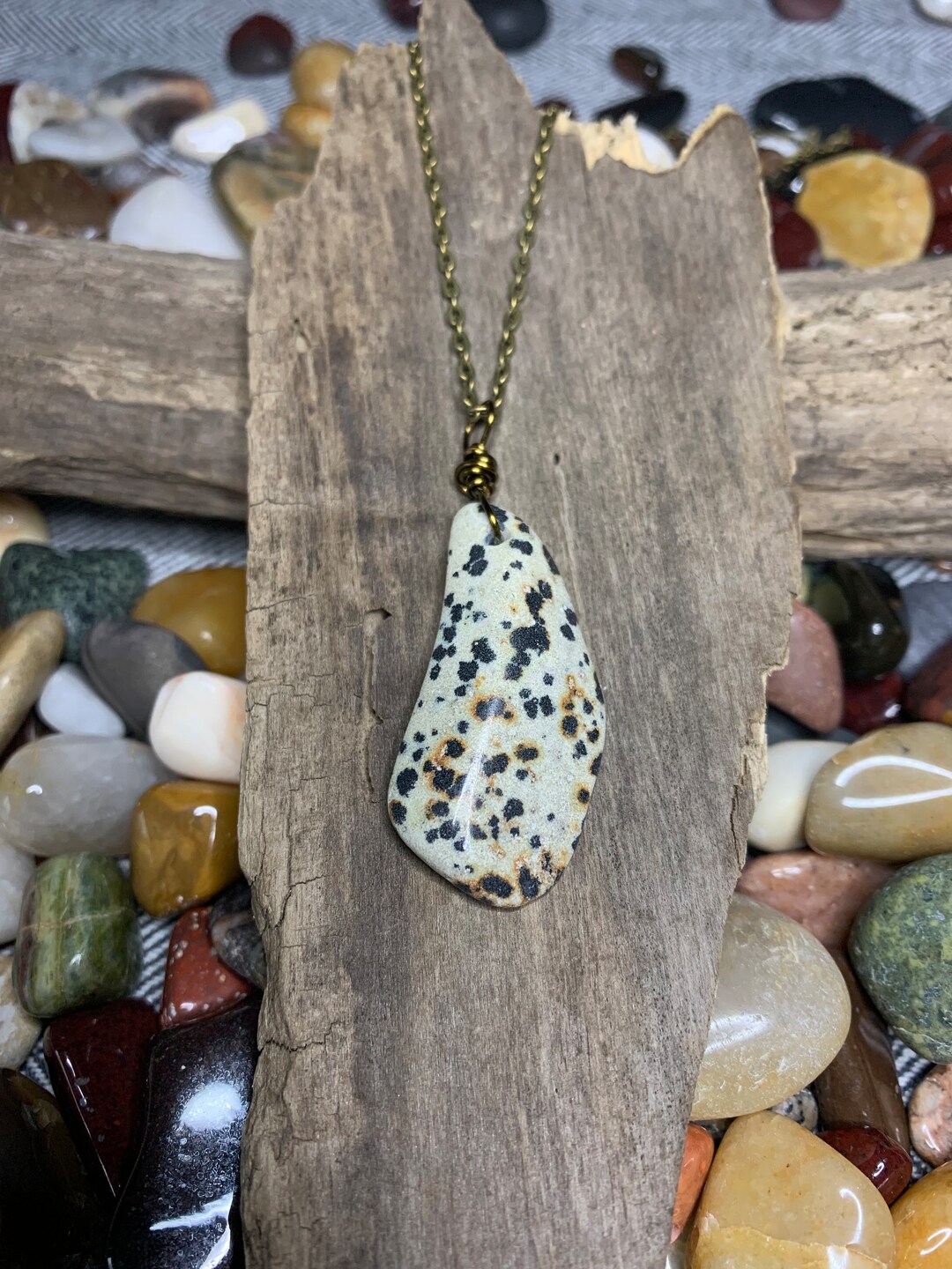 Dalmatian Jasper Pendant Necklace on an 24-inch Antique Gold-colored ...