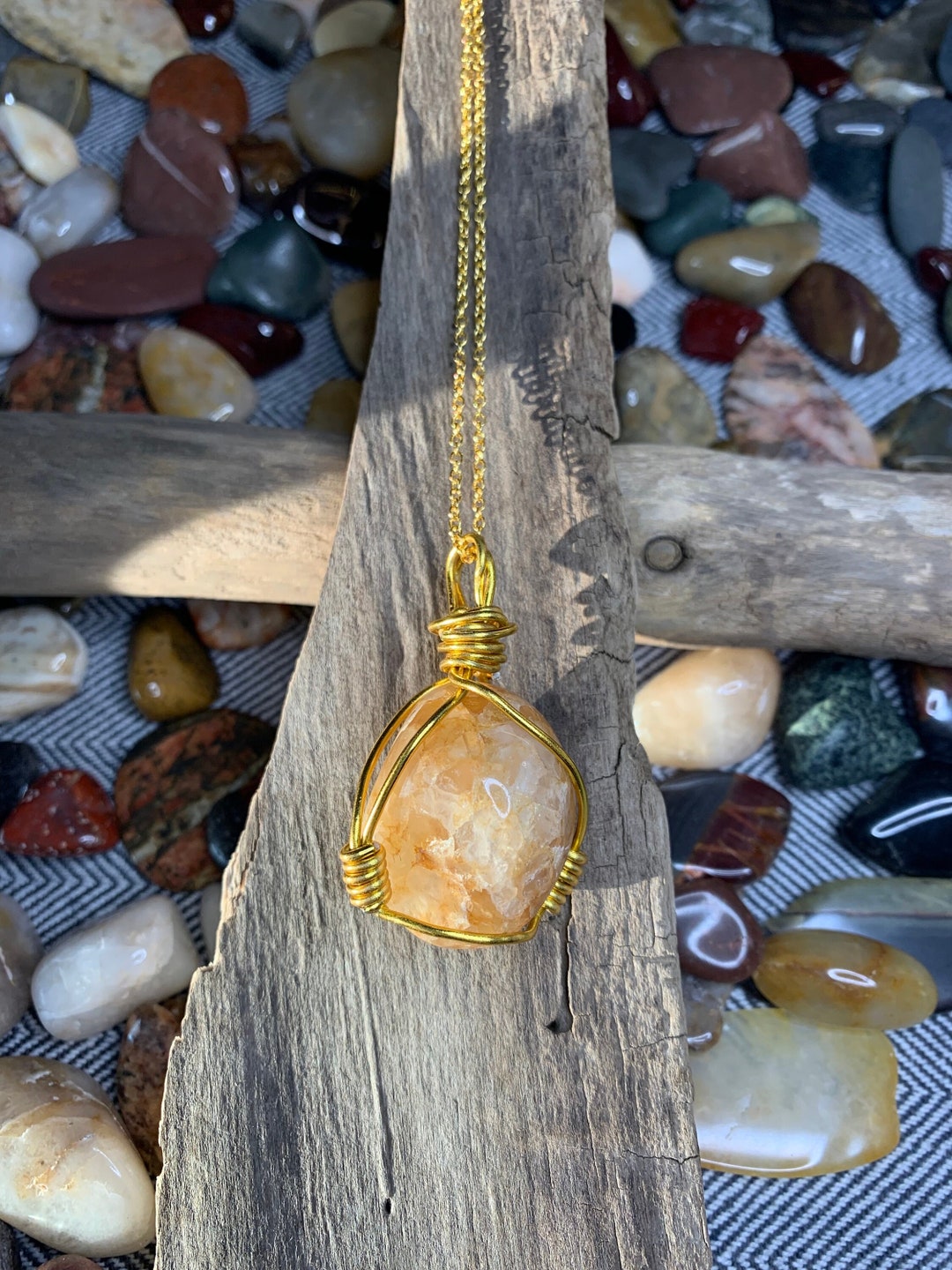 Chunky Golden Quartz Stone Necklace, Cage-style Wire Wrapped on 18-inch ...