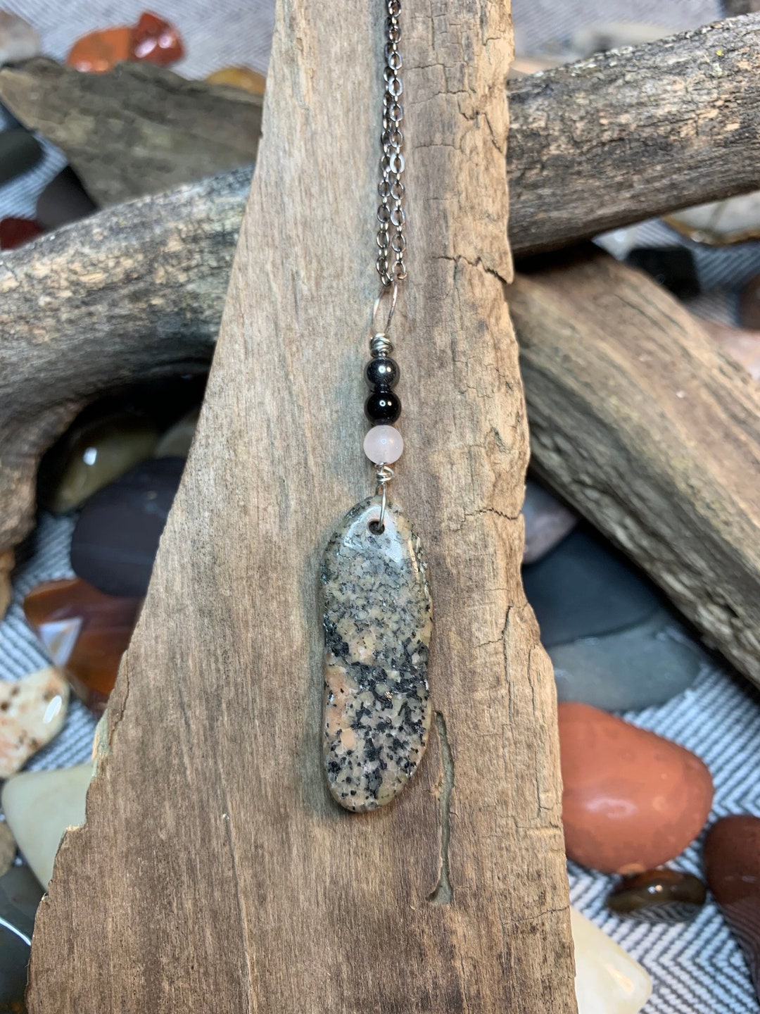 Black, White, and Pink Granite Pendant Necklace on 18-inch Pewter ...