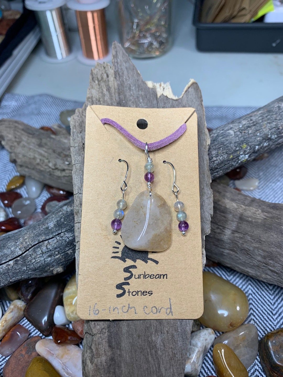Beach-inspired Rock Jewelry Set With White Quartz Stone and Amethyst ...