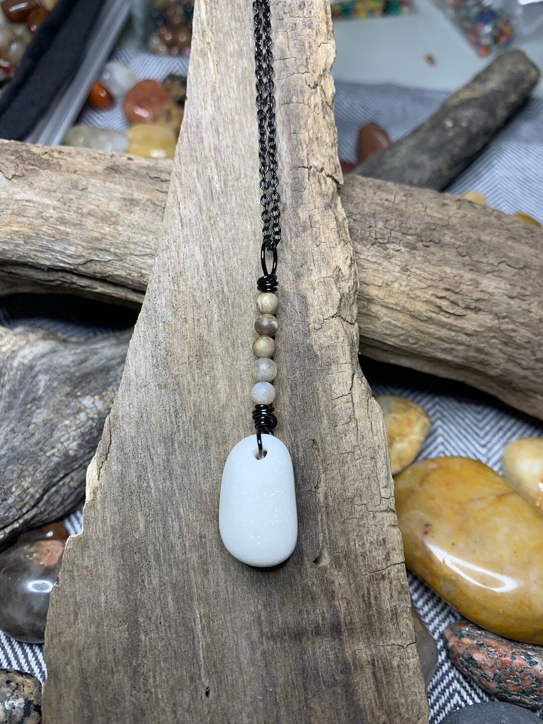 Pure White, Jelly Bean, Stone Pendant Necklace With Beige Dendritic ...