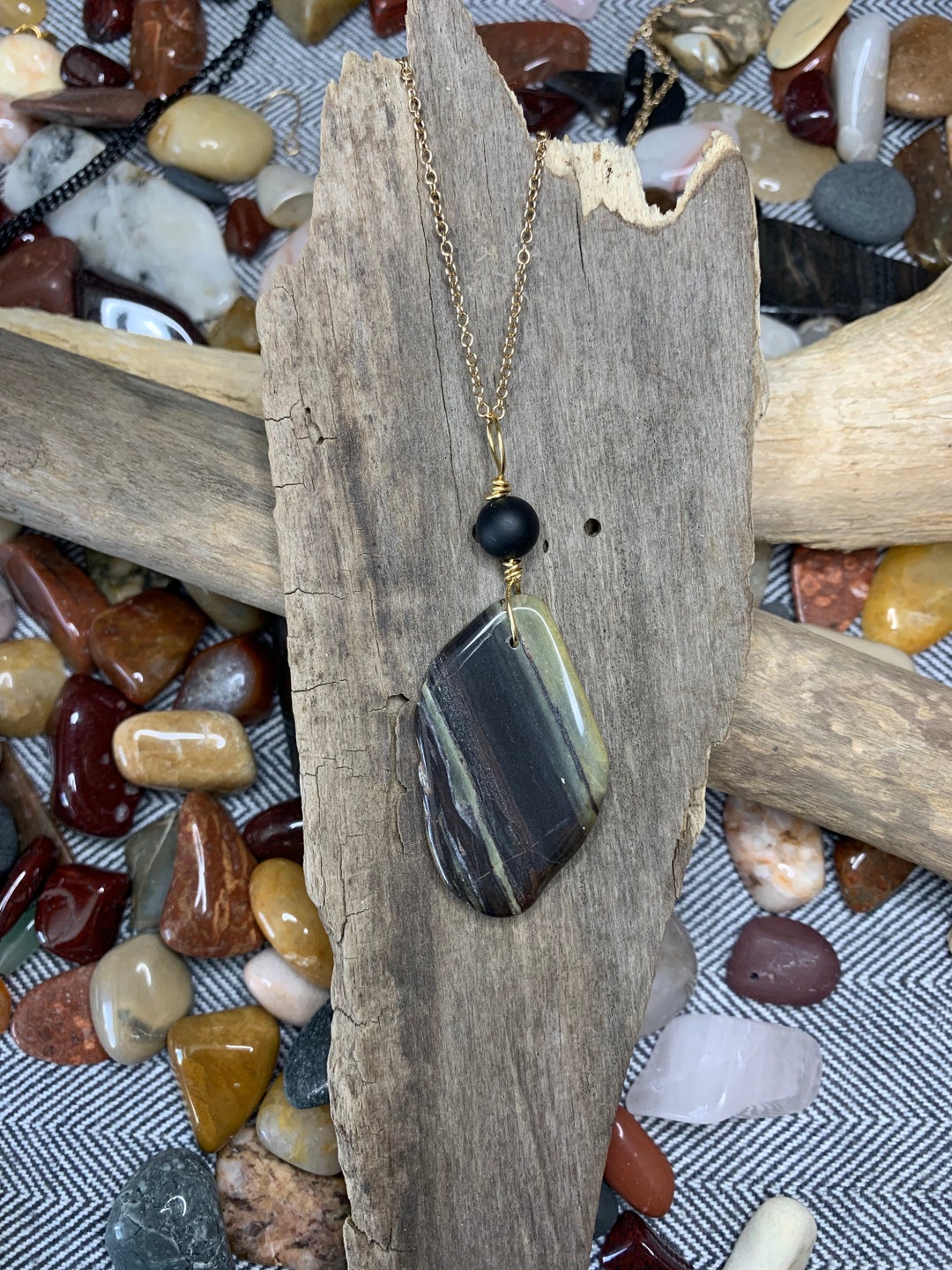 Banded River Rock Necklace: Black Onyx Bead, Gold Chain - Etsy