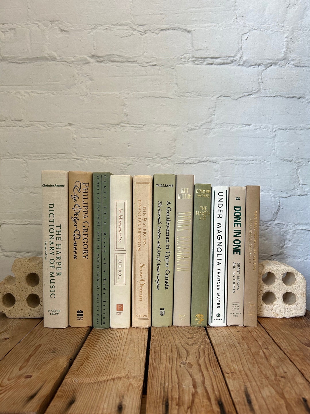Earthy Decor Books, Bookshelf Staging Books, Neutral Cream and Sage ...