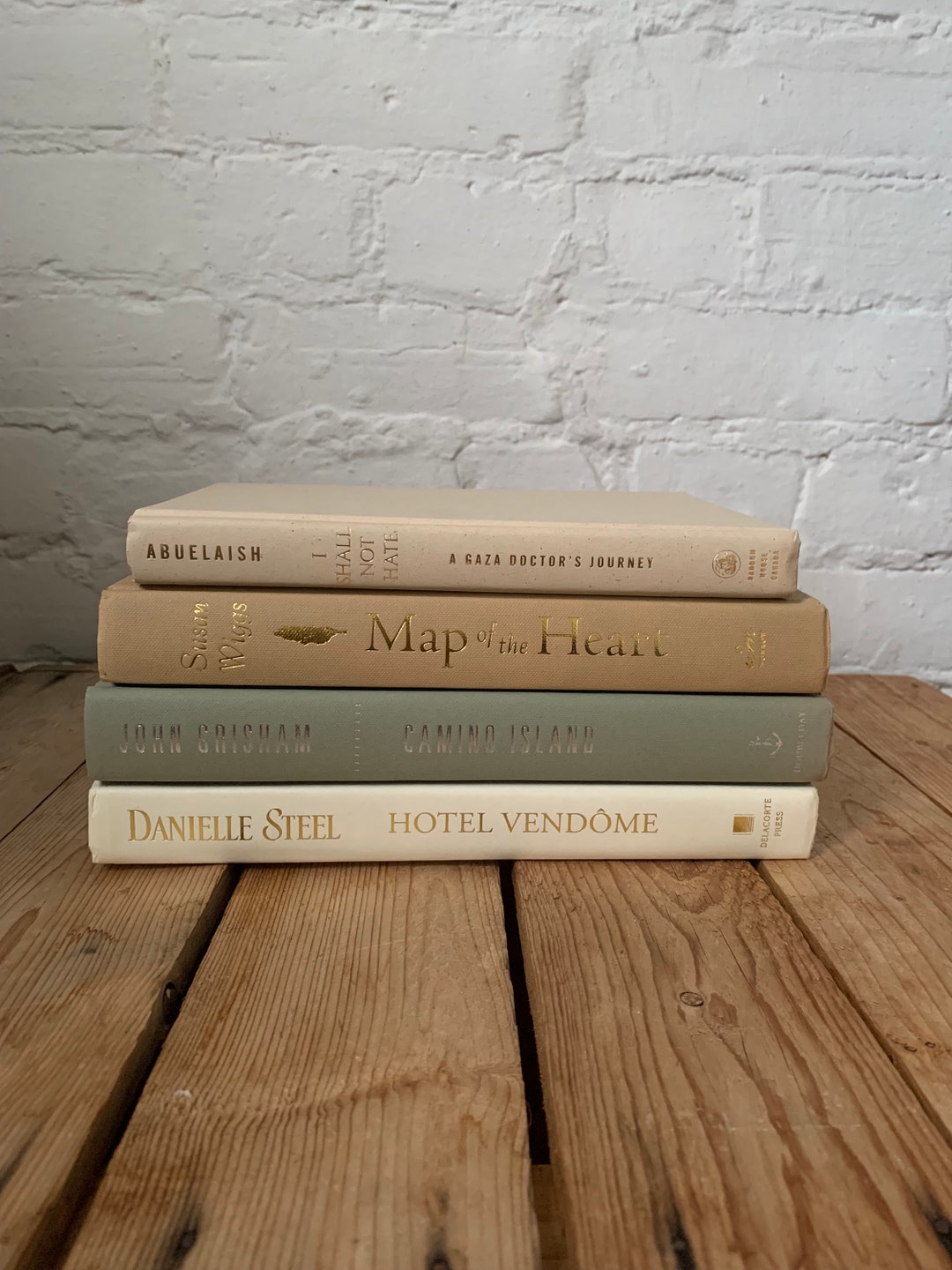 Green and Tan Book Stack, Tan Book Decor, Decorative Book Stack ...