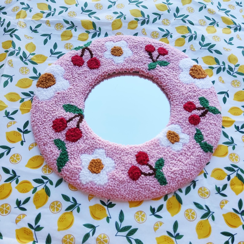 Punch Needle Cherry Mirror: Handmade Tufted Wall Decor (11 Inch) - Etsy