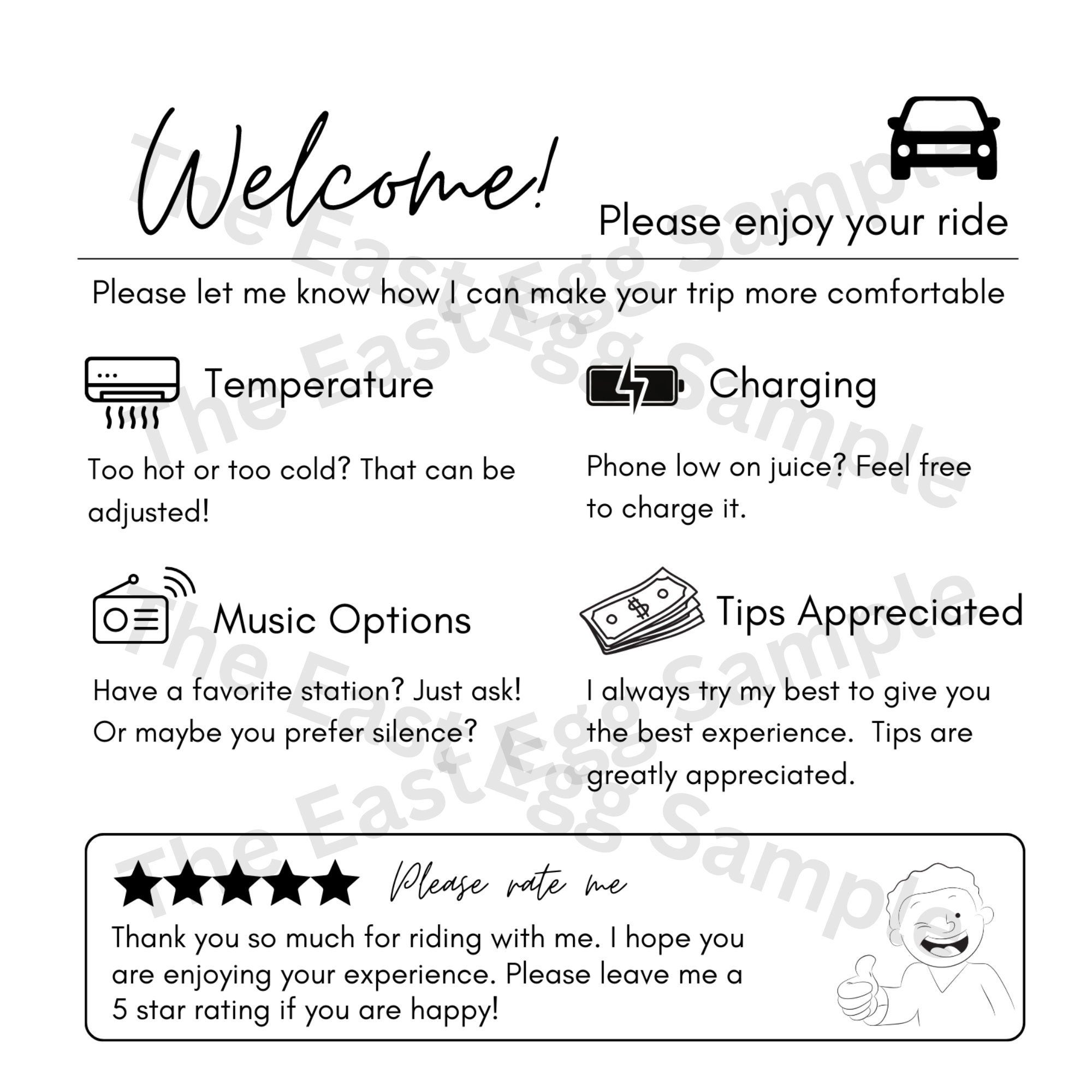 Uber Lyft Taxi Rideshare Sign Printable | Editable Sign | Uber Tip Sign ...