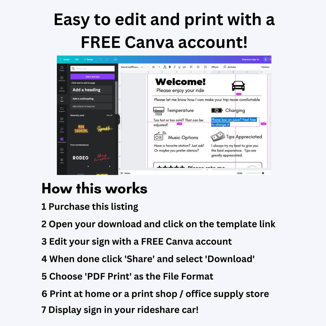 Uber Lyft Taxi Rideshare Sign Printable | Editable Sign | Uber Tip Sign ...