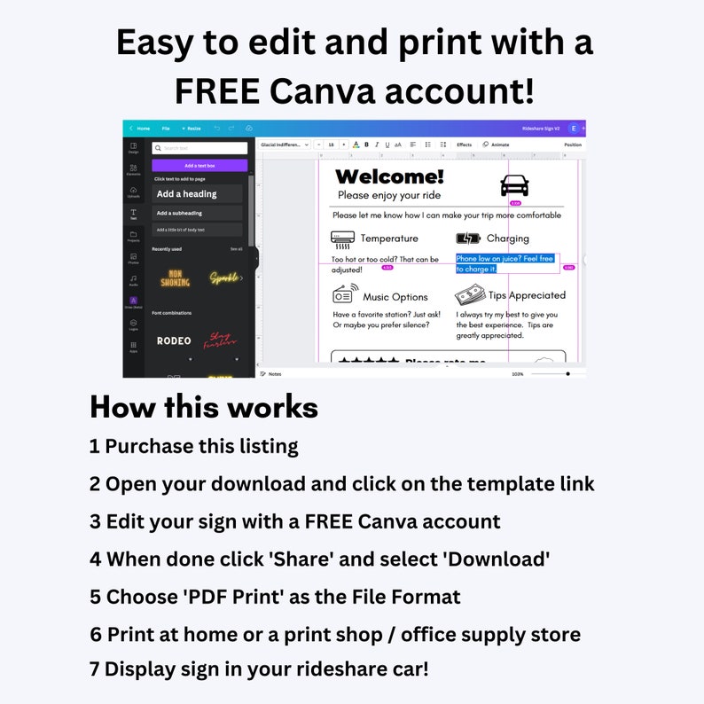 Uber Lyft Taxi Rideshare Sign Printable | Editable Sign | Uber Tip Sign ...