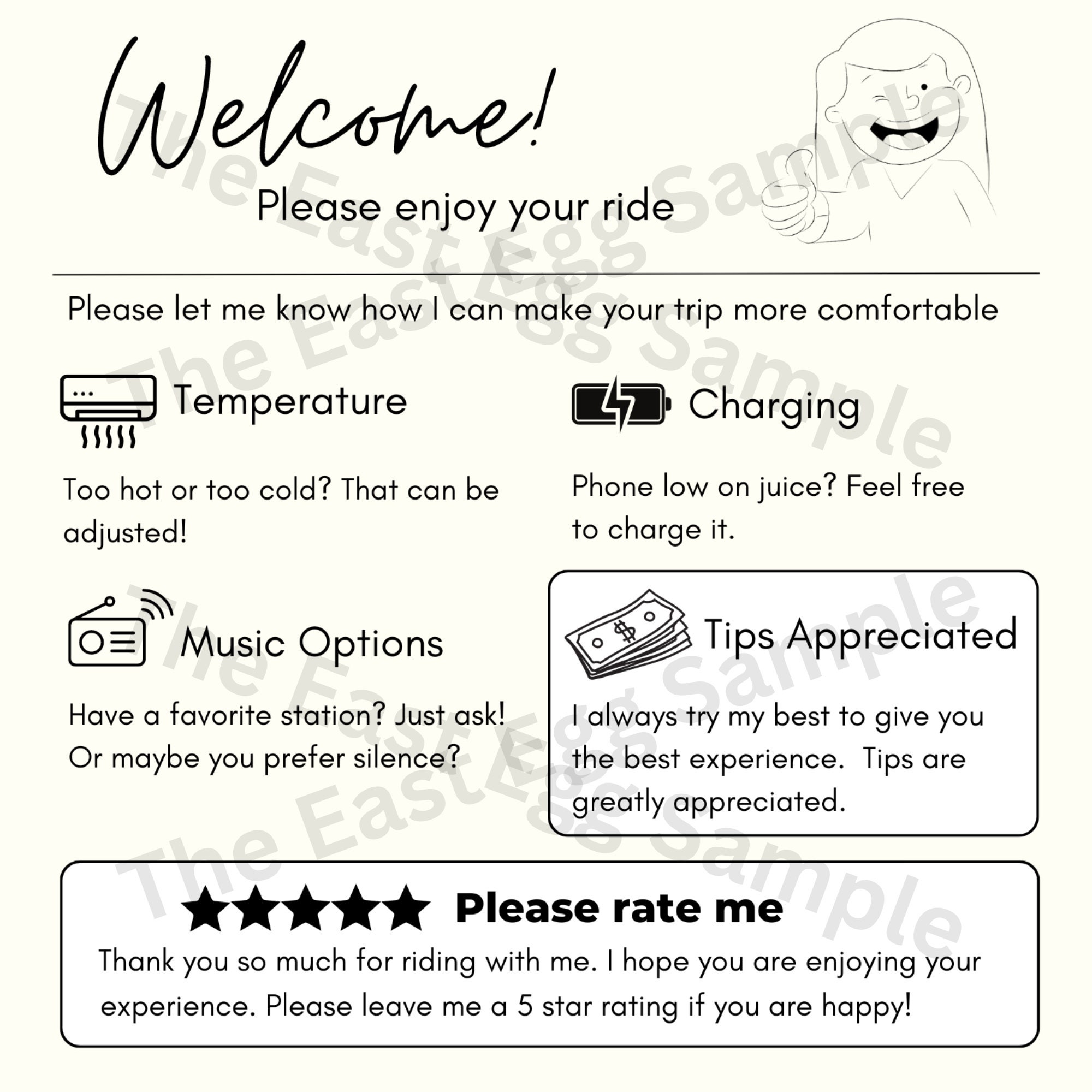 Uber Lyft Taxi Rideshare Sign Printable | Editable Sign | Uber Tip Sign ...