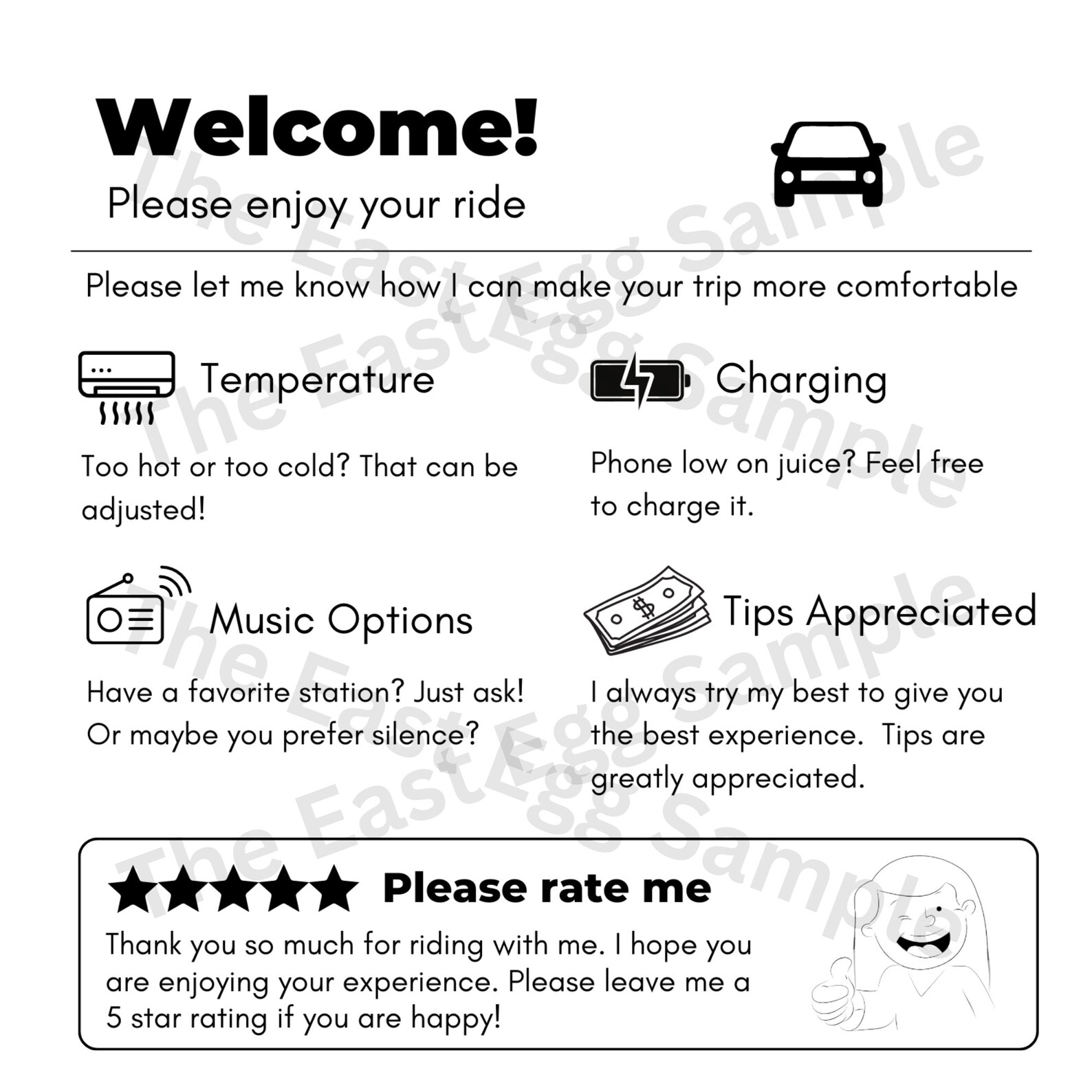 Uber Lyft Taxi Rideshare Sign Printable | Editable Sign | Uber Tip Sign ...