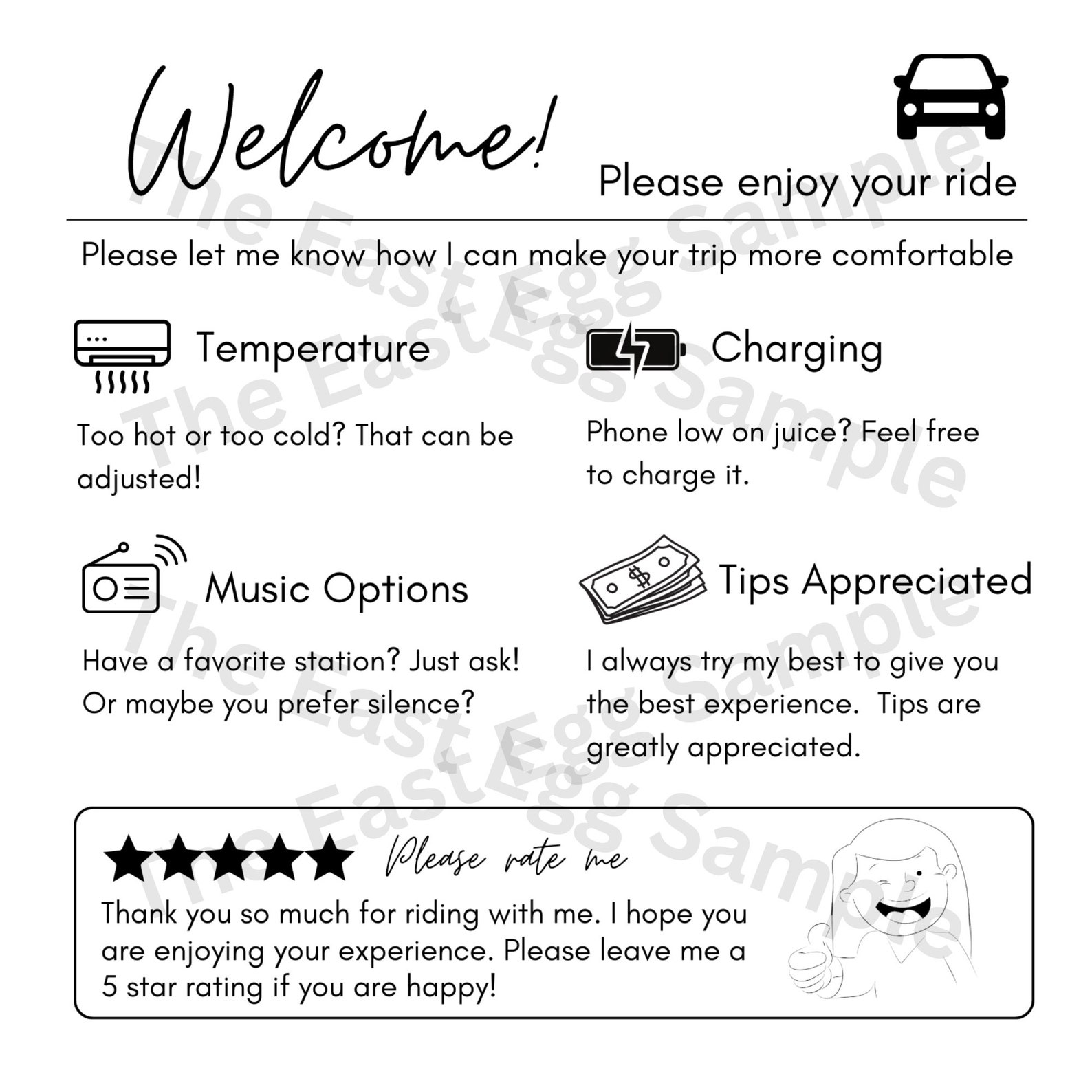 Uber Lyft Taxi Rideshare Sign Printable | Editable Sign | Uber Tip Sign ...