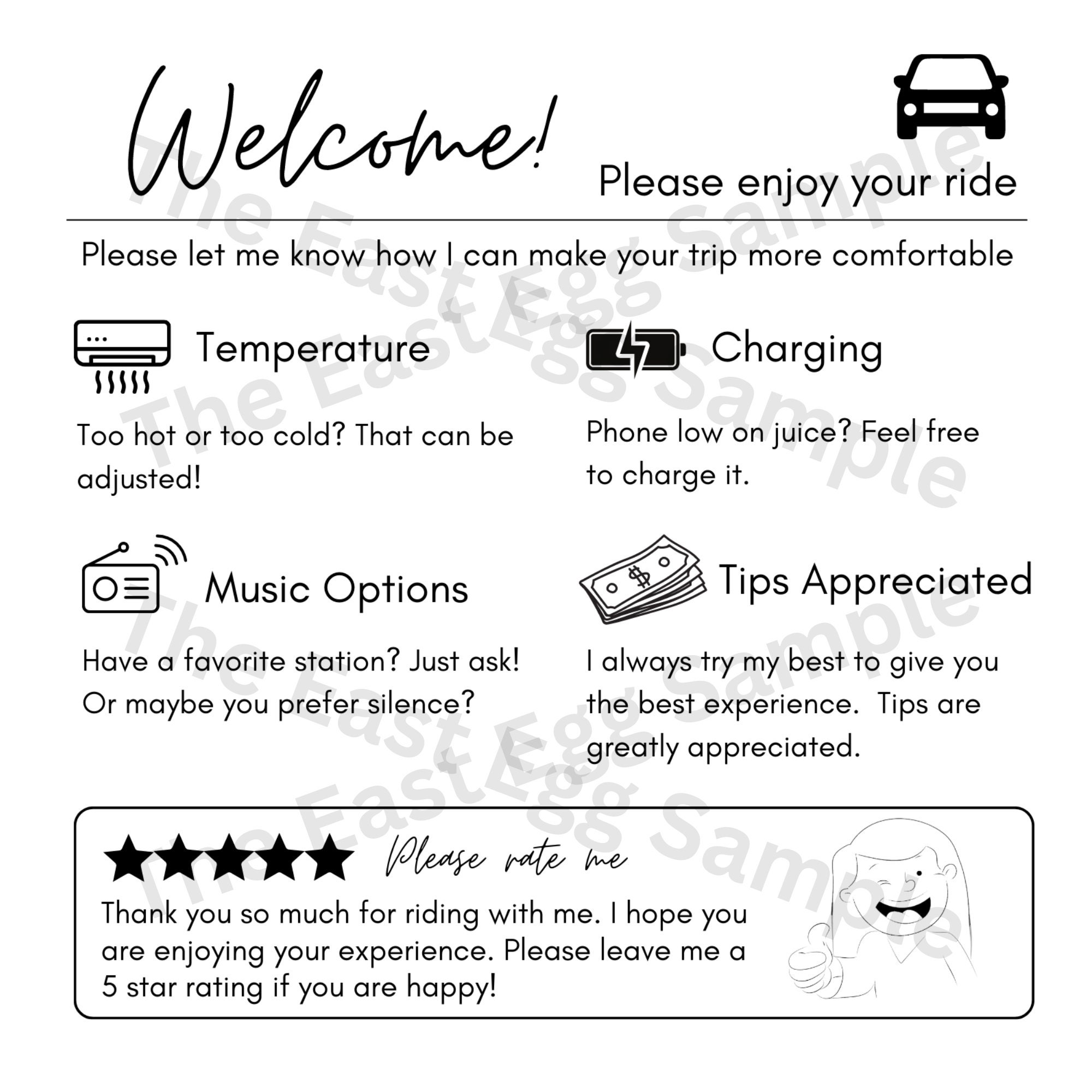 Uber Lyft Taxi Rideshare Sign Printable | Editable Sign | Uber Tip Sign ...