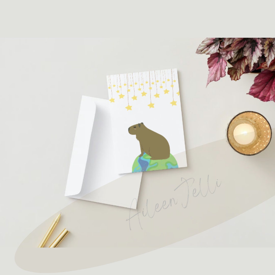 Blushing Capybara on Planet printable Foldable Card 10x7 - Etsy