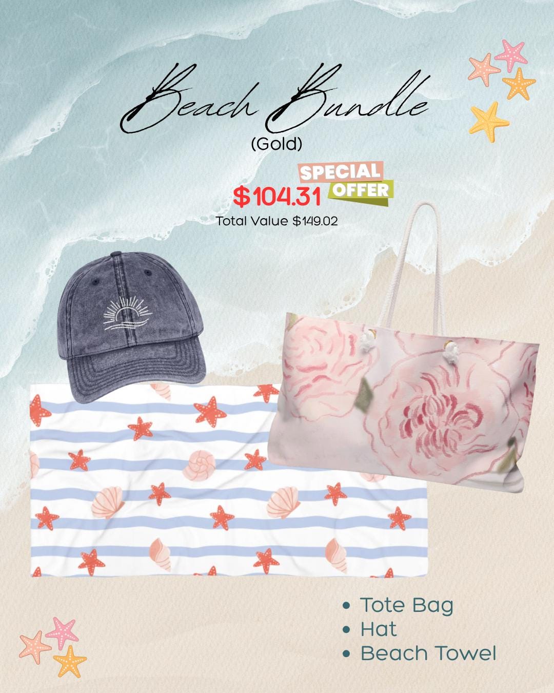 Beach Bundle Set, Floral Tote Bag, Embroidered Beach Hat, Shellfish and ...