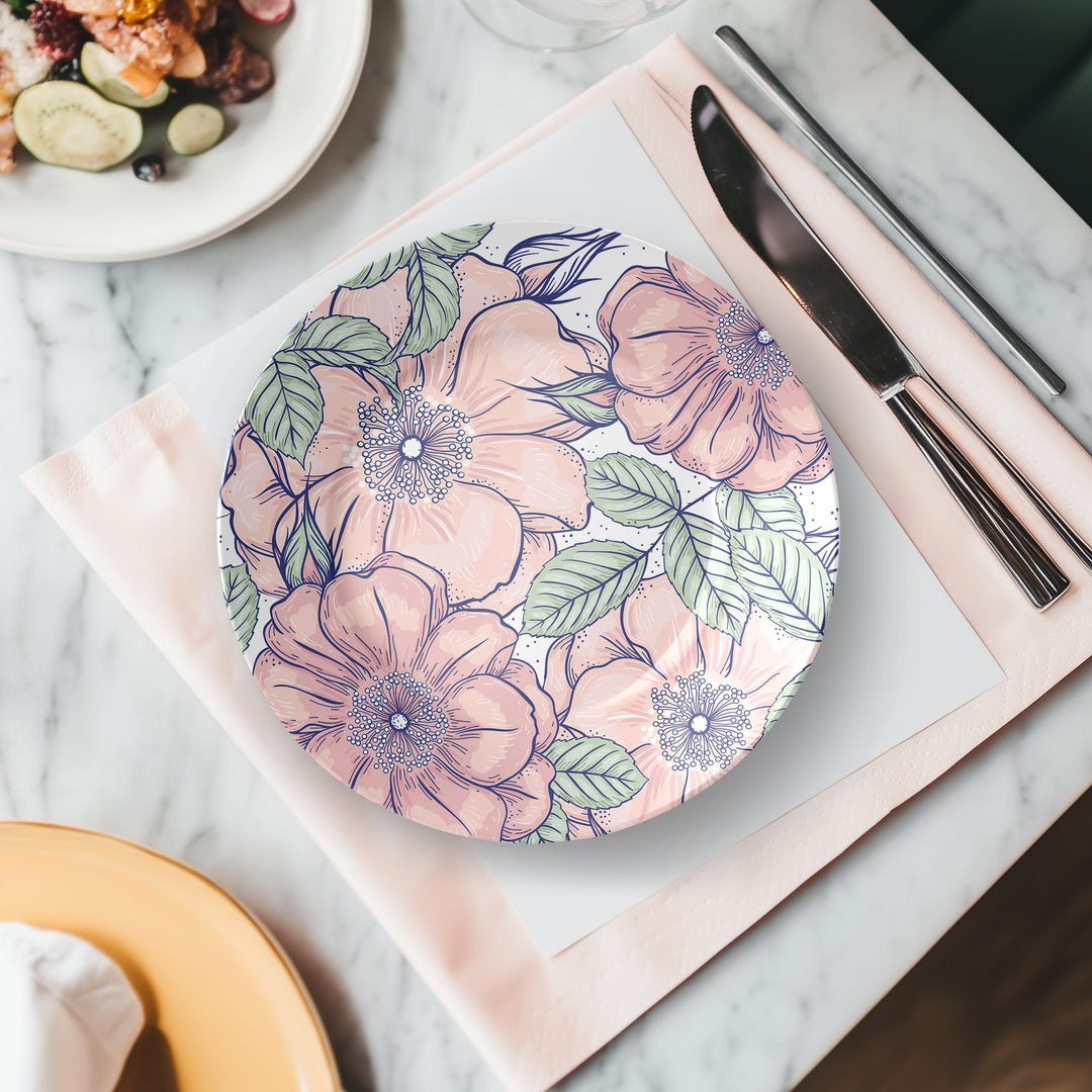 Floral Plastic Plates, Pink Floral Dinnerware Plate Set, 10” Plastic ...
