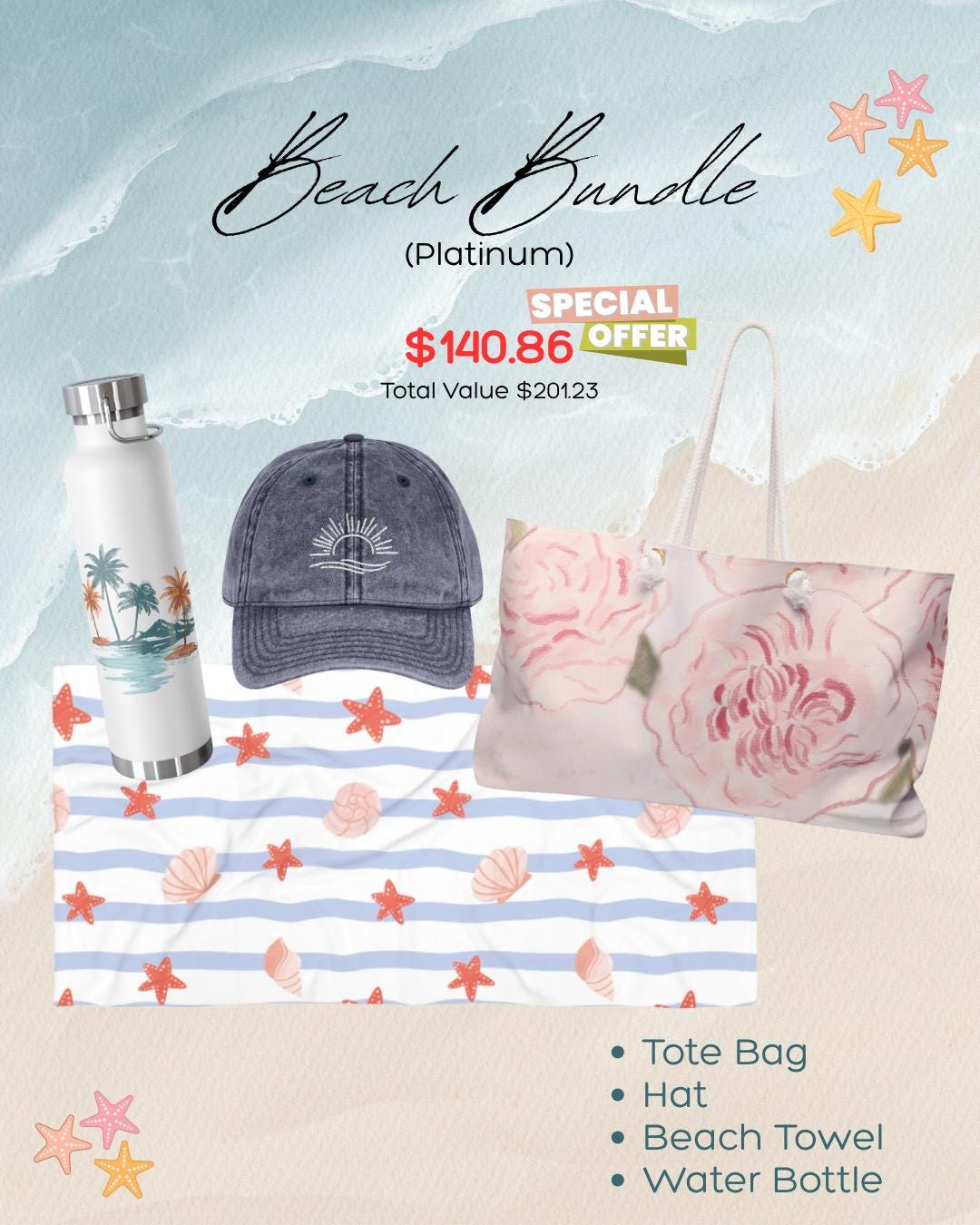 Beach Bundle Gift Set, Floral Tote Bag, Embroidered Hat, Shell Towel - Etsy