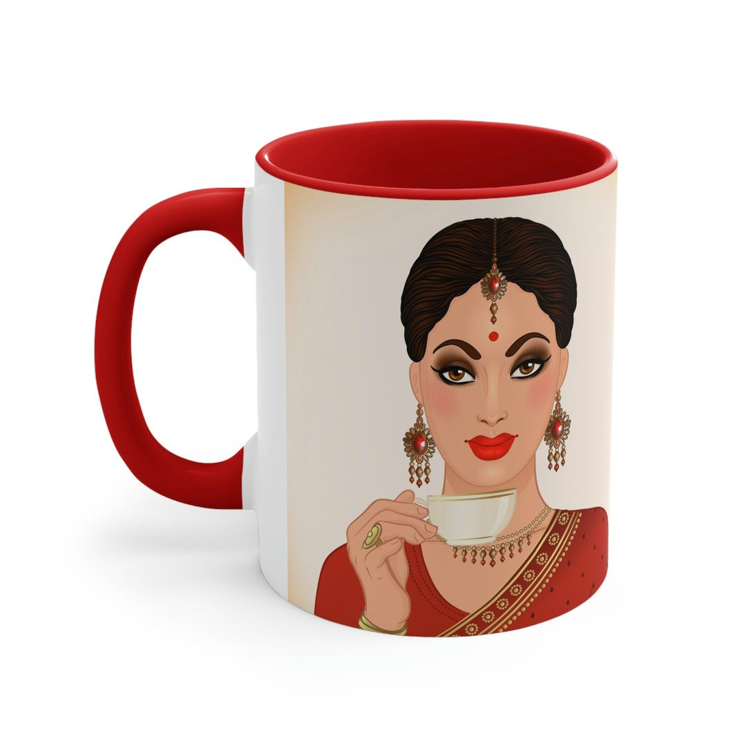 Red Saree Indian Woman Mug | Chai Mug, Indian Mug Gift, Desi Girl Gift ...