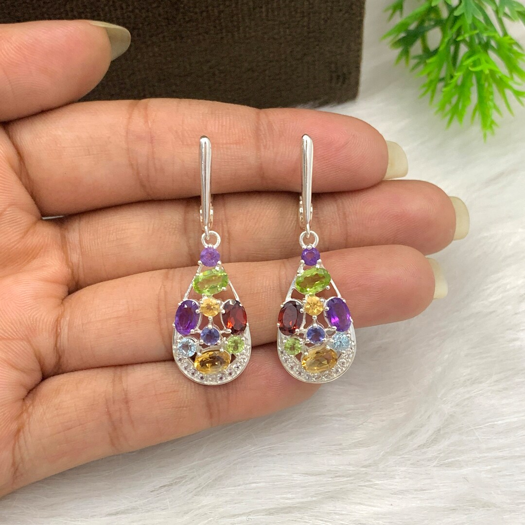 Natural Multi Stone Dangle Earrings-multi Gemstone Statement Earrings ...
