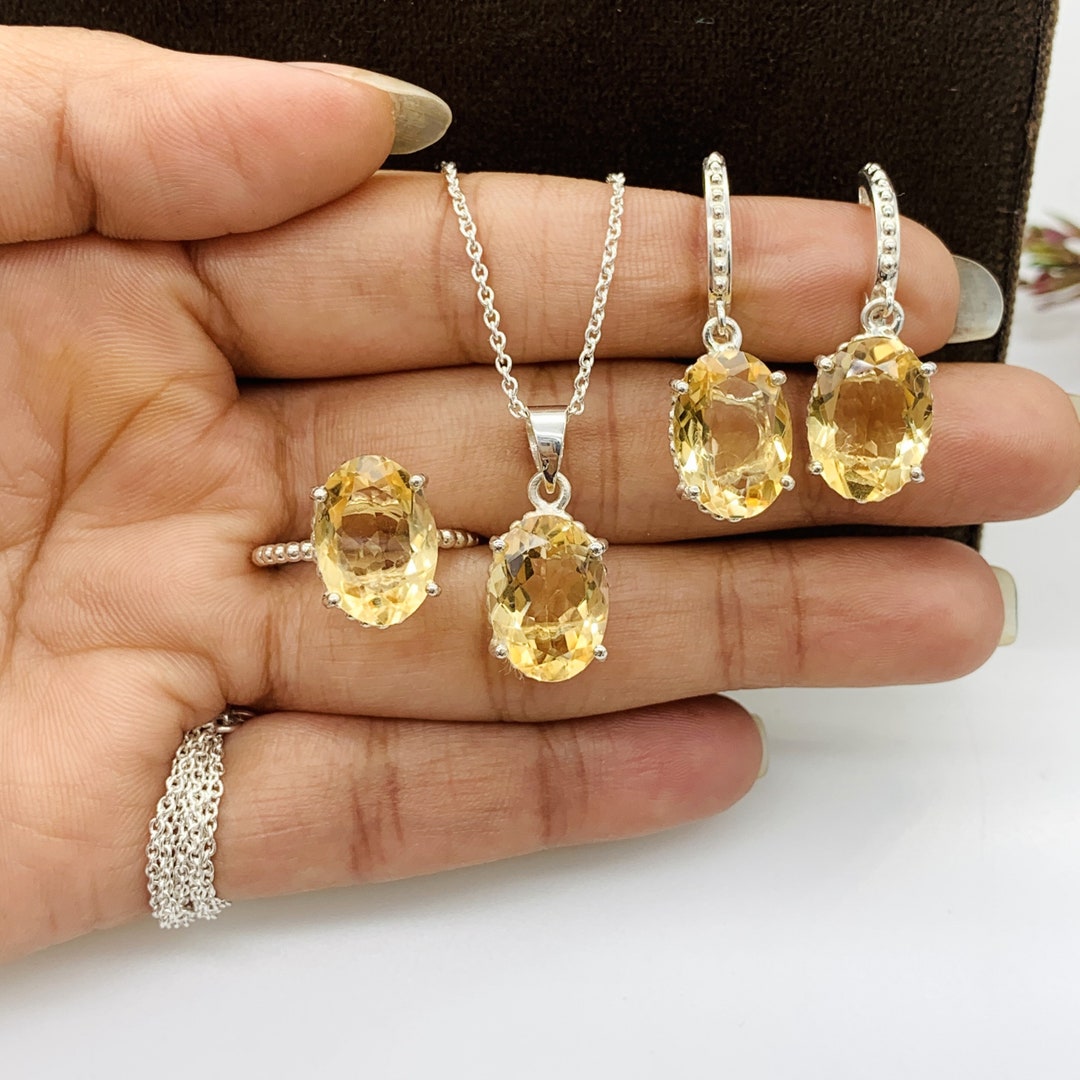 Natural Golden Citrine Jewelry Set: Sterling Silver Pendant, Ring ...