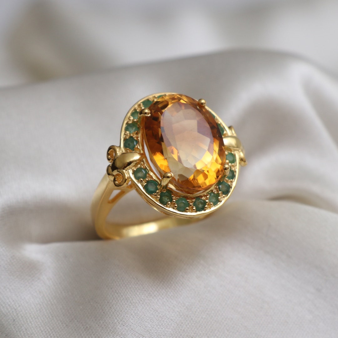 Natural Citrine & Emerald Ring: 14K Gold Vermeil, Sterling Silver - Etsy