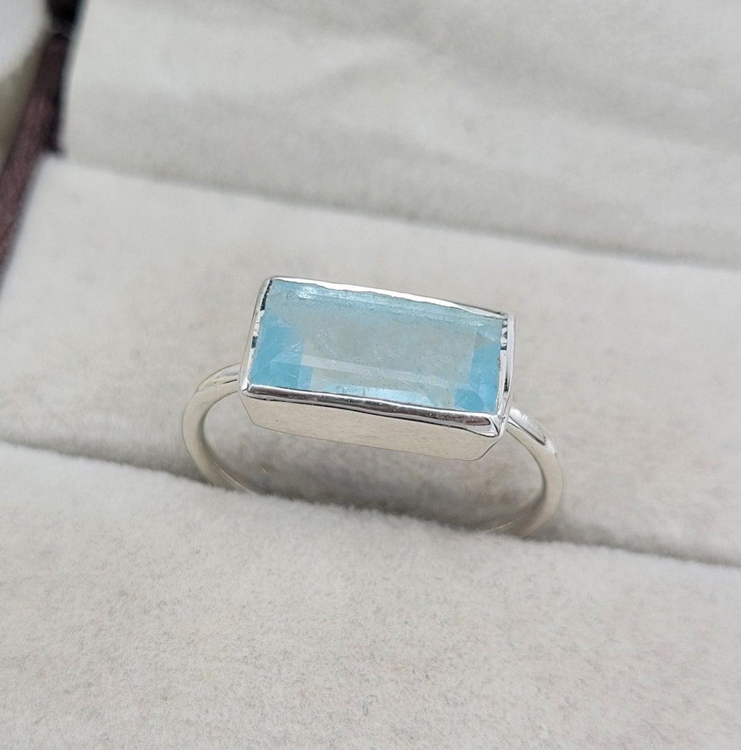 Aquamarine Silver Ring-east West Long Rectangle Shape Ring-geometric ...