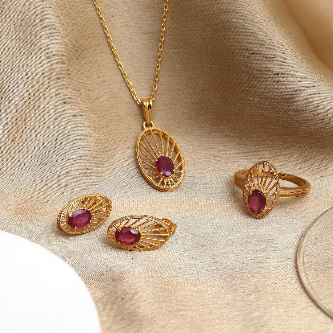 Natural Red Ruby Bridal Jewelry Set-ruby Filigree Jewelry 14k Gold ...