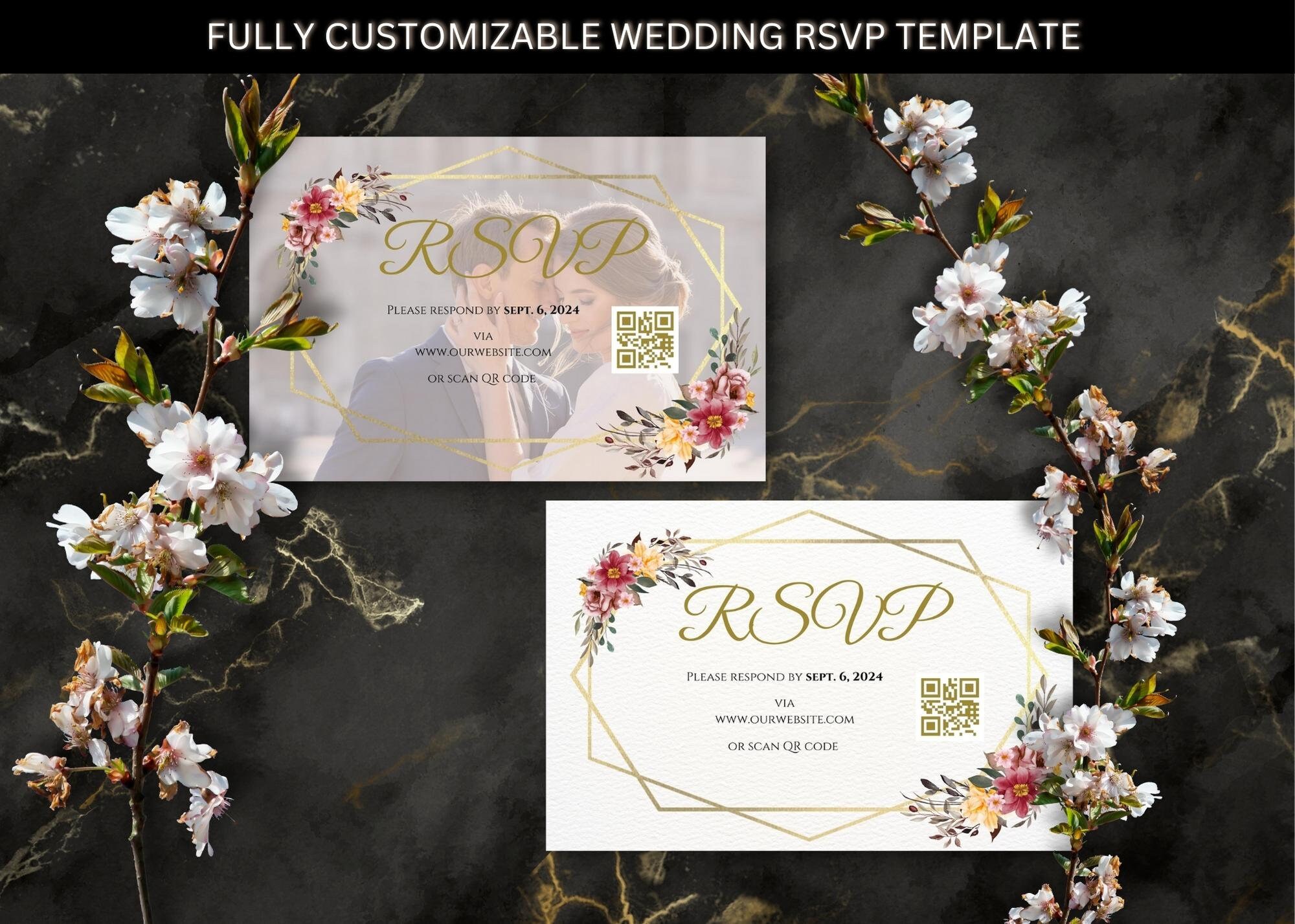 Editable Modern Gold Frame Wedding Invitation Package Template With ...