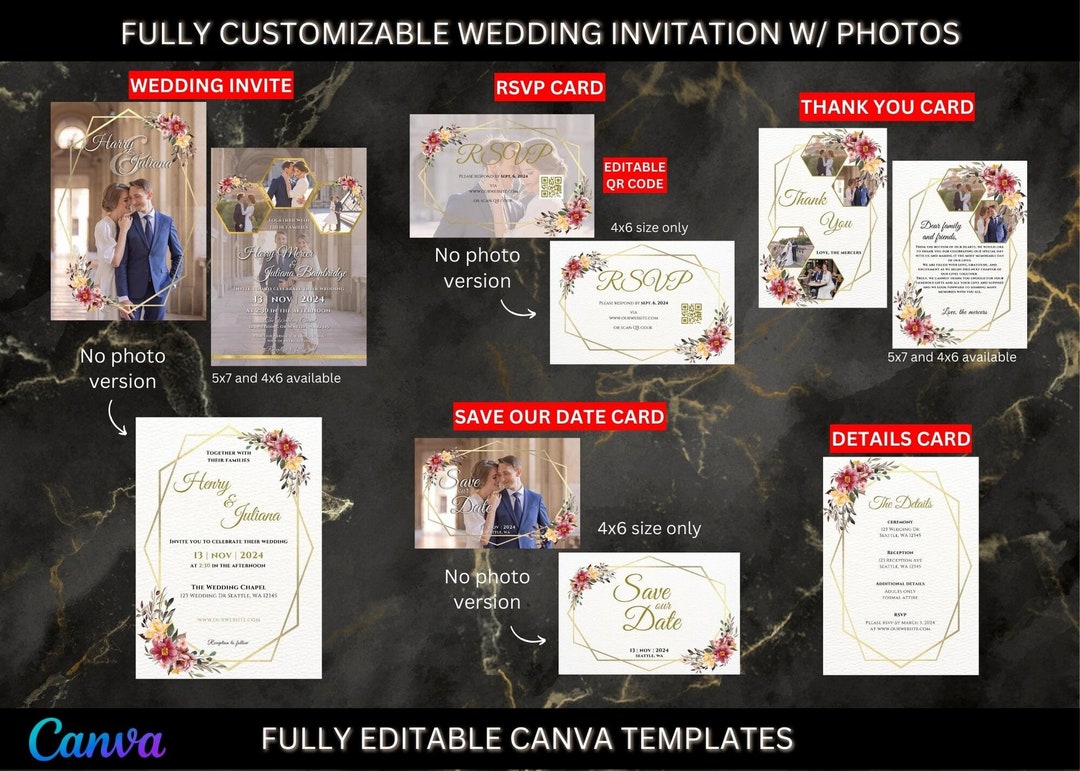 Editable Modern Gold Frame Wedding Invitation Package Template - Etsy