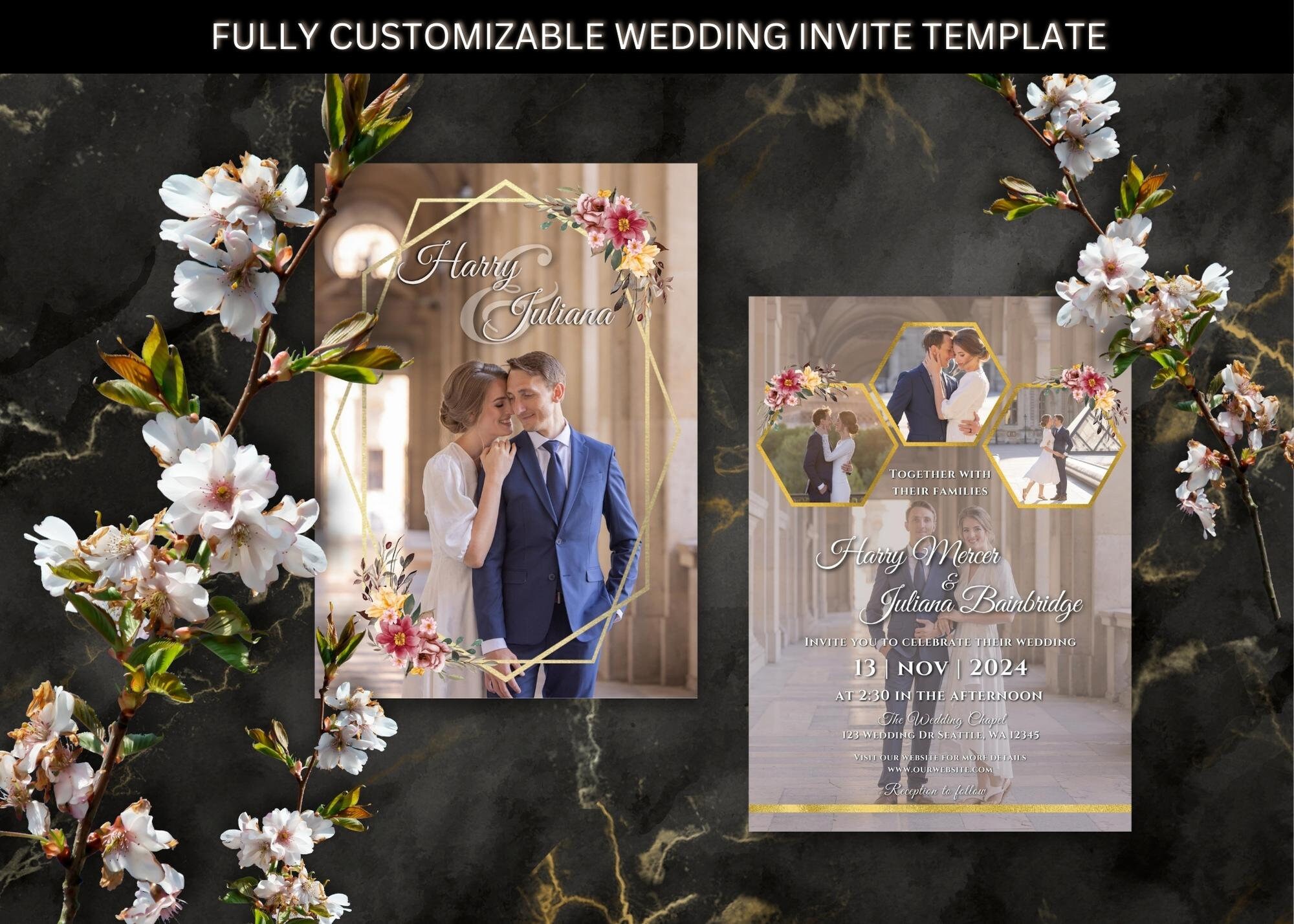 Editable Modern Gold Frame Wedding Invitation Package Template With ...