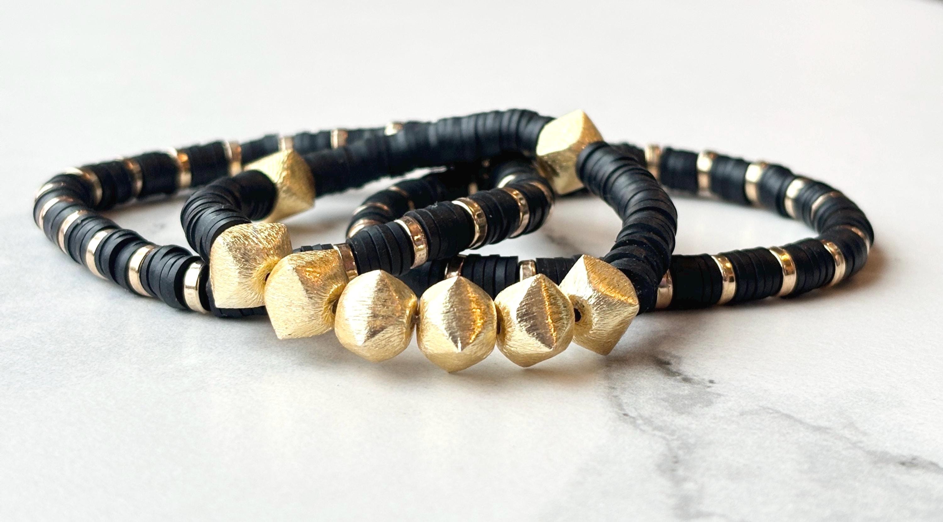 Black and Gold Heishi Bracelet Stack - Etsy