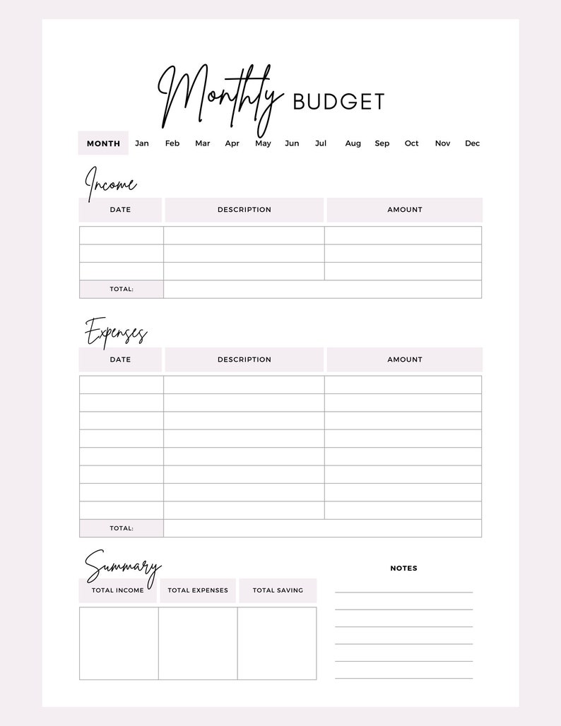 Monthly Budget Planner Digital Template Sheet - Etsy