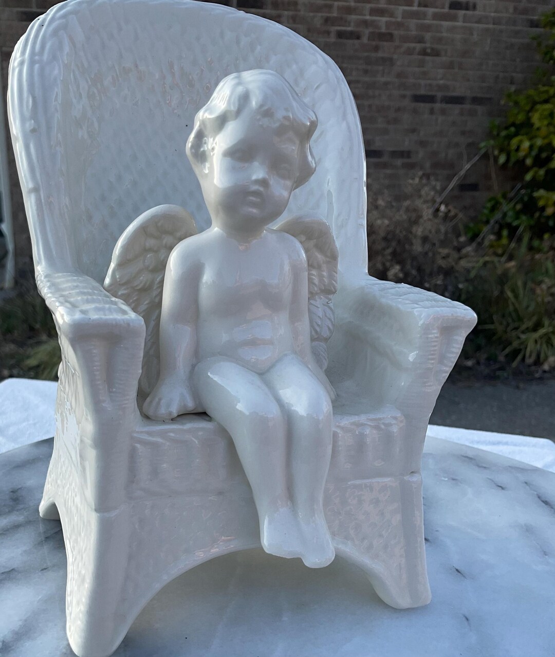 Vintage White Ceramic Cherub in Wicker Chair • Angel Figurine • English ...
