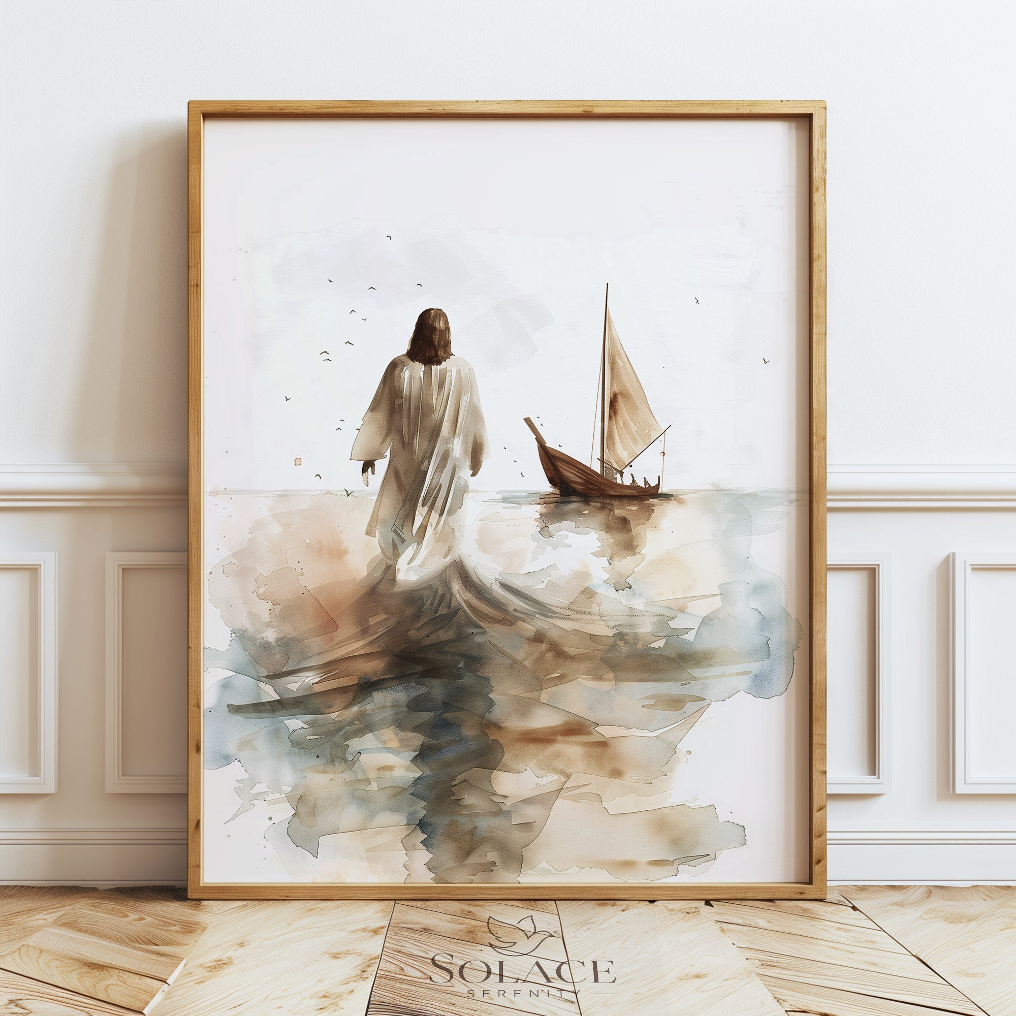 Minimalist Jesus Walks on Water Wall Art, Jesus Watercolor Print ...