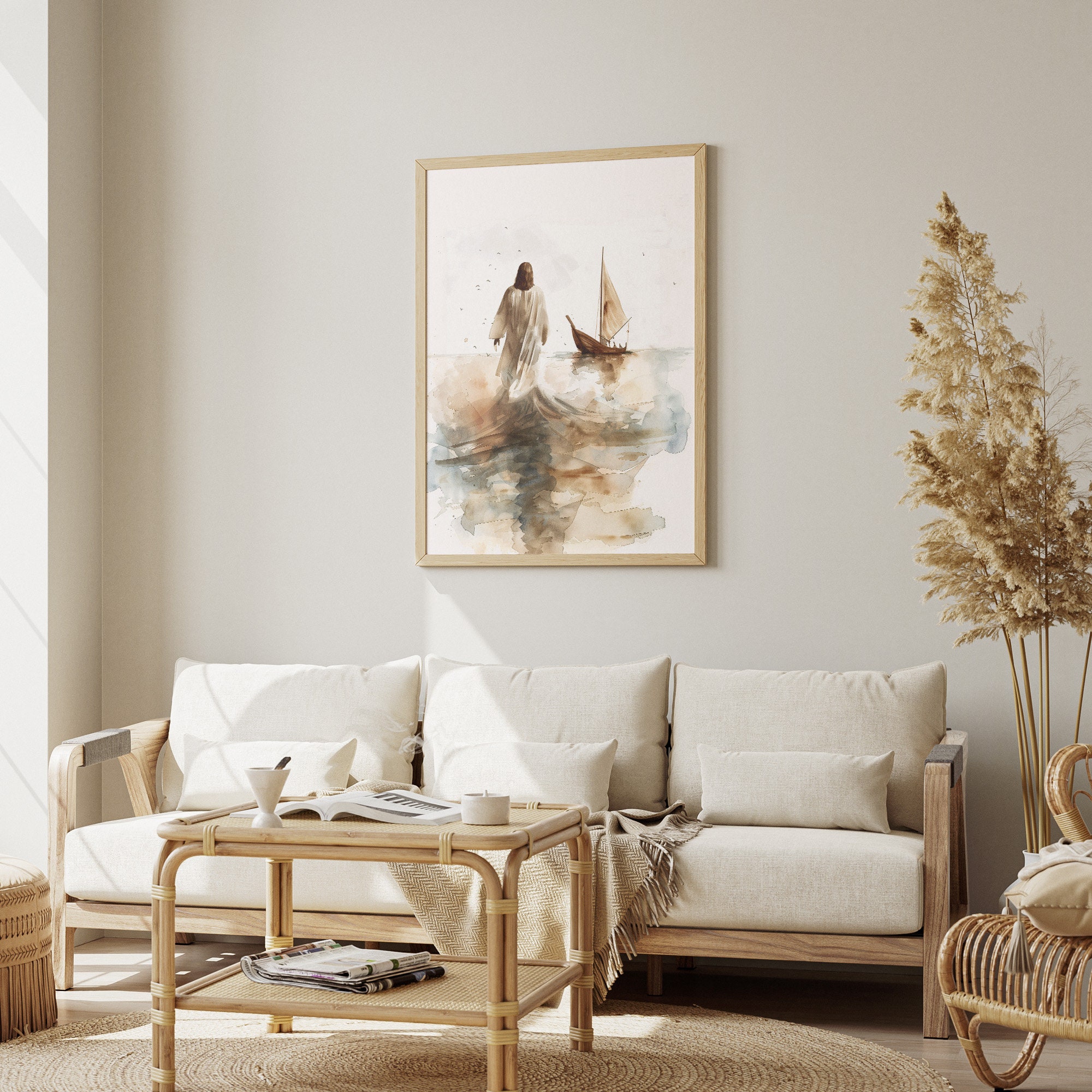 Minimalist Jesus Walks on Water Wall Art, Jesus Watercolor Print ...