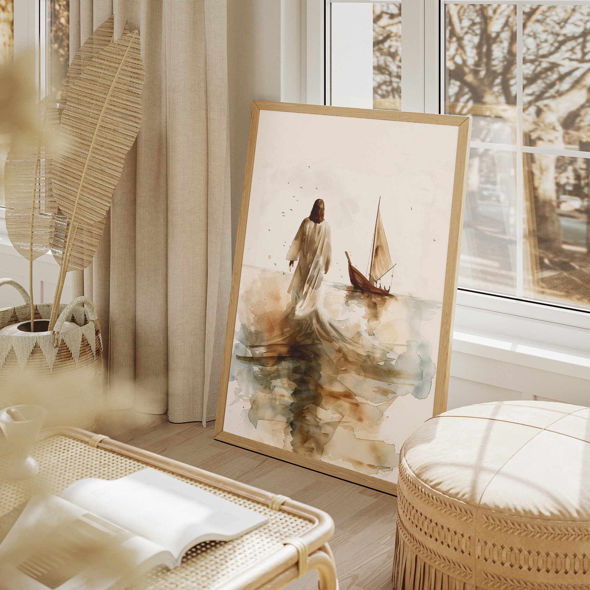 Minimalist Jesus Walks on Water Wall Art, Jesus Watercolor Print ...