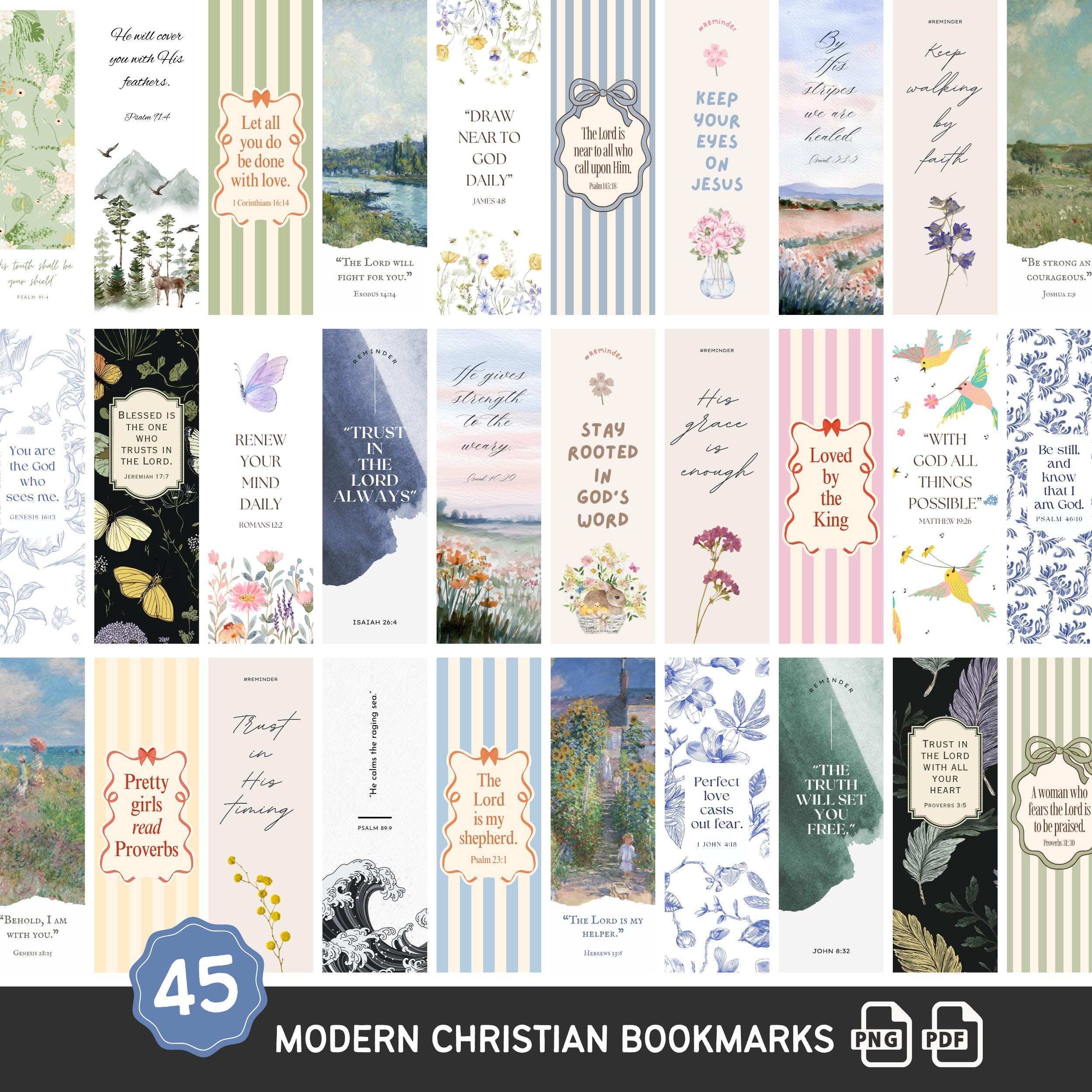 Christian Bookmarks Bundle, 45 Modern Printable Bible Verse Bookmark ...