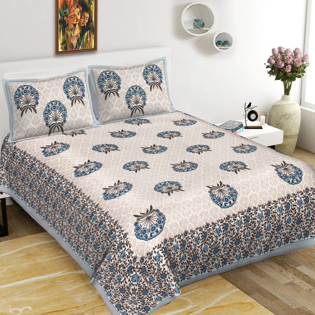 Hand Block Double Bed Sheet Flower Design Indian Bedsheet King Size ...