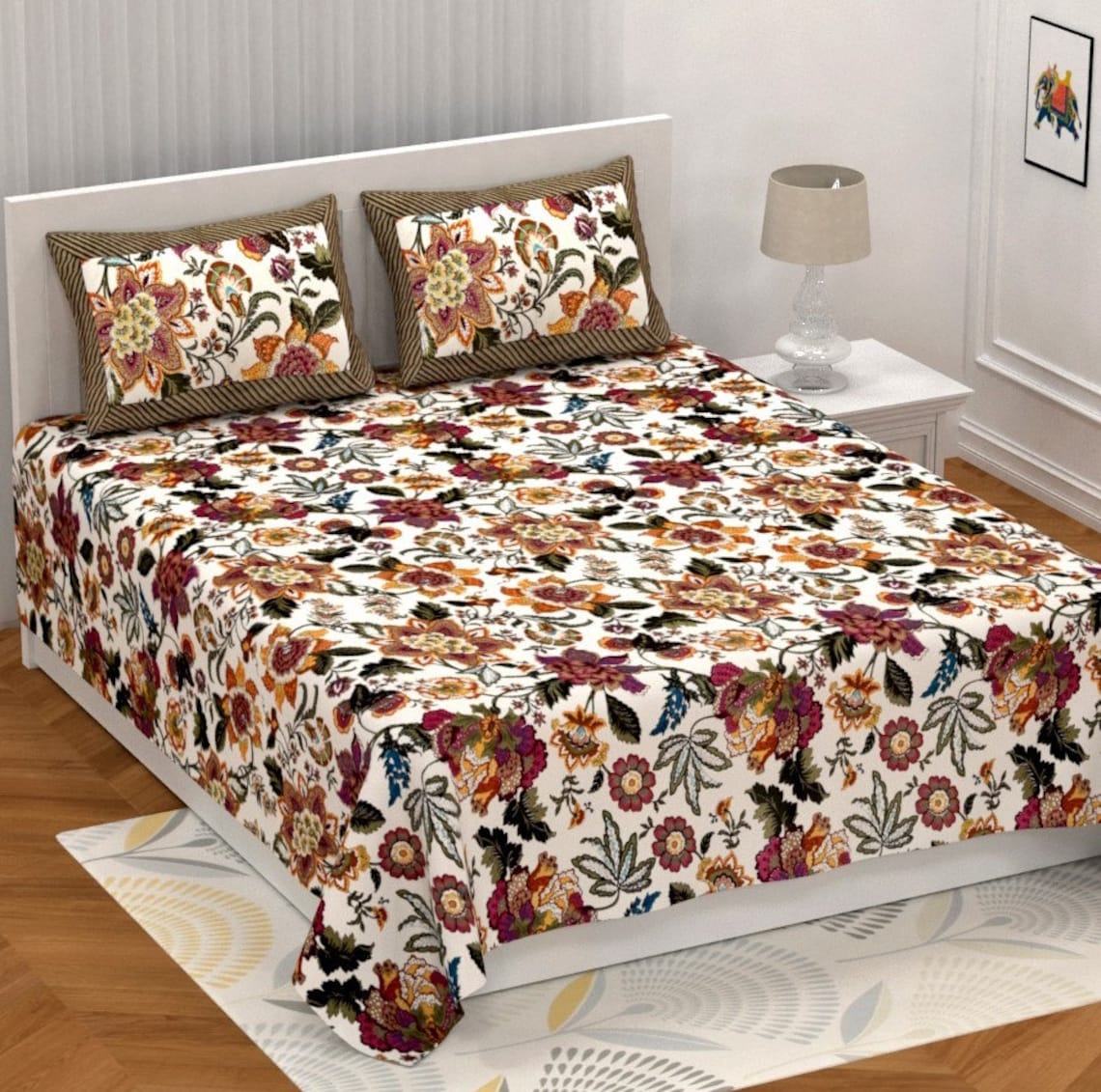 Boho Colourful Leaves Sheets Handblock Printed Bedsheet With 2 Pillow ...