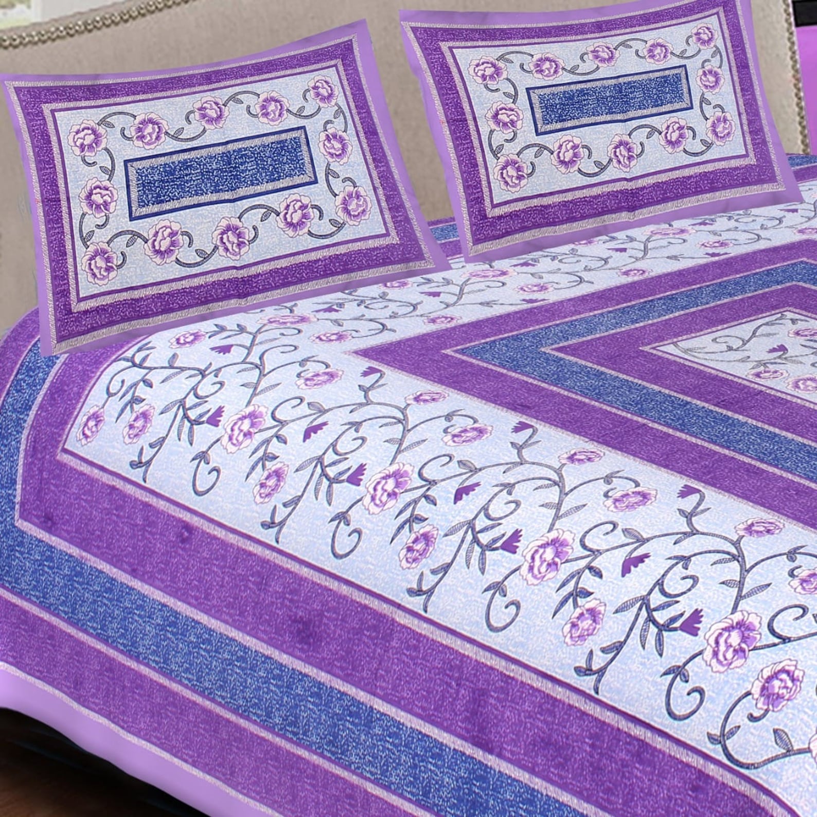 Purple Color Printed Cotton Bedsheet 90x100 INCH Handmade Designer ...