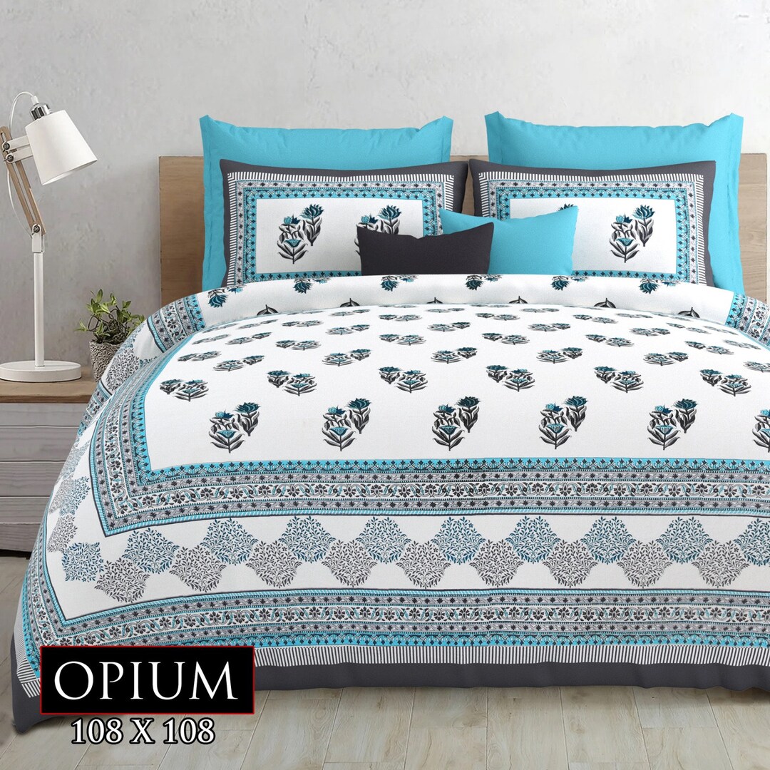Design Indian Cotton Bedsheet, King Size Bedsheet, White Base Blue ...