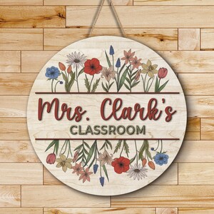 Personalized Teacher Door Sign With Flowers, Teacher Name Door Sign ...