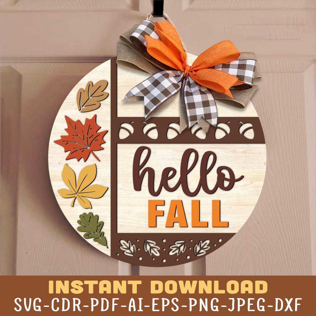 Hello Fall Maple Leaves Door Sign Svg, Fall Welcome Sign Svg Laser File ...