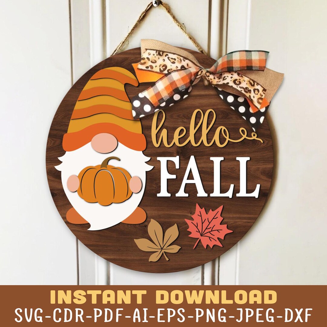 Hello Fall Gnome Door Sign Svg, Hello Fall Door Sign Svg, Fall Gnome ...