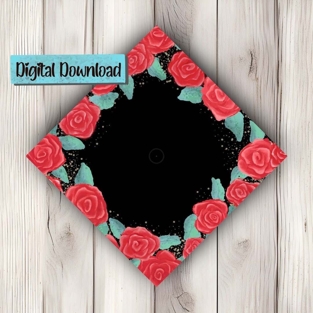 Printable Grad Cap Topper - DIY Red Roses Border Graduation Cap, Black ...