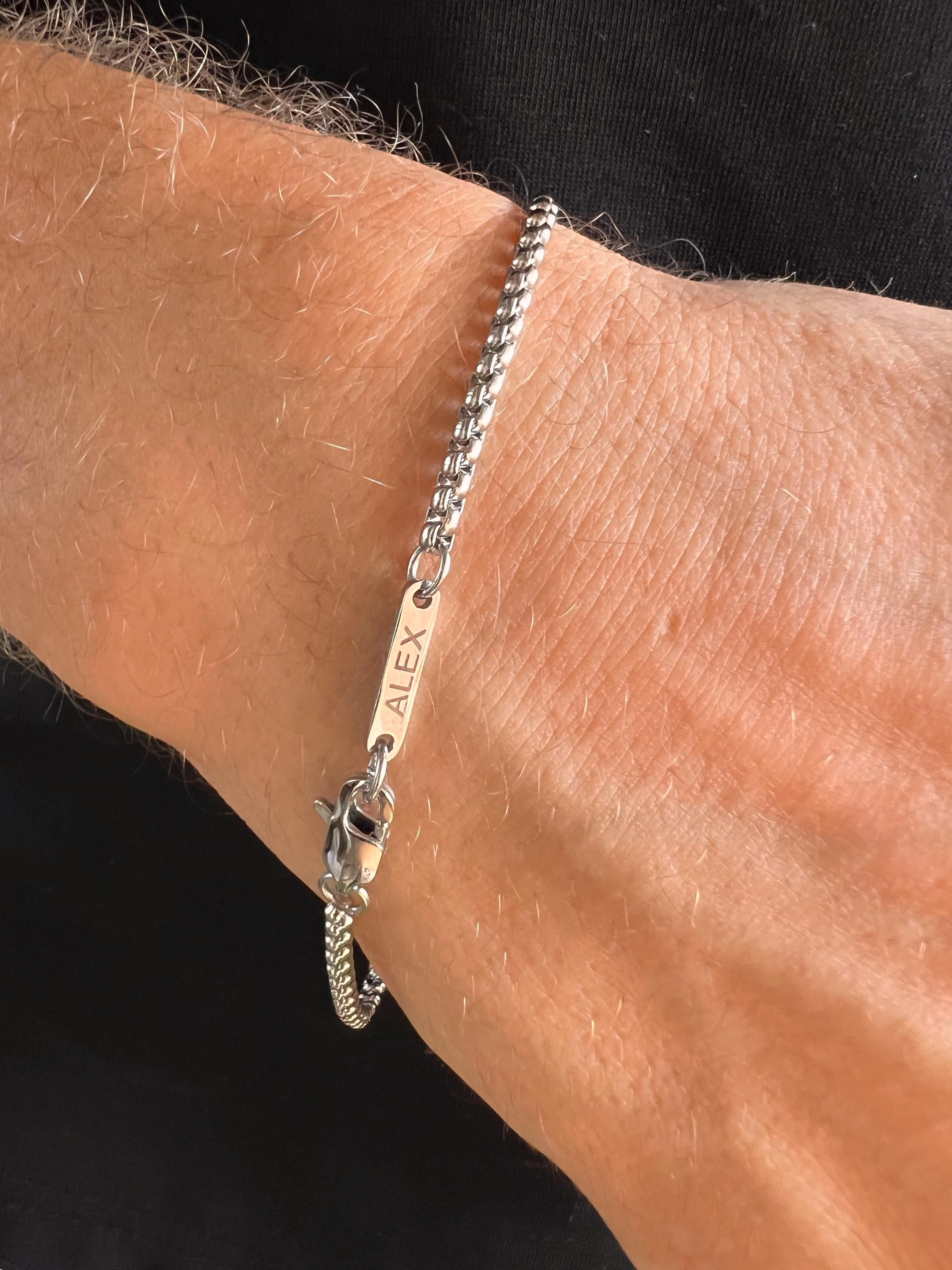 Personalized Men's Stainless Steel Chain Bracelet in Silver. Box Chain ...