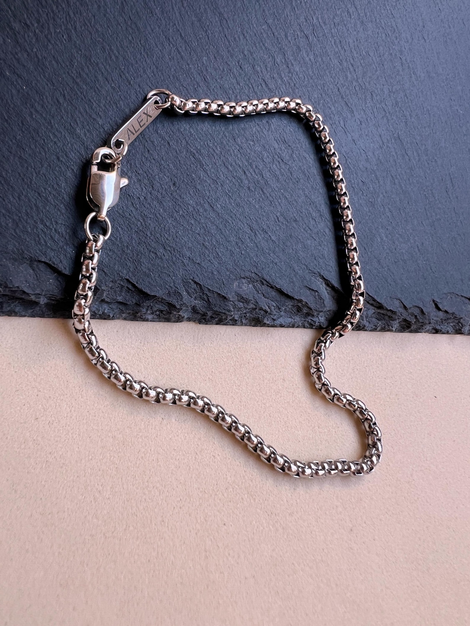 Personalized Men's Stainless Steel Chain Bracelet in Silver. Box Chain ...