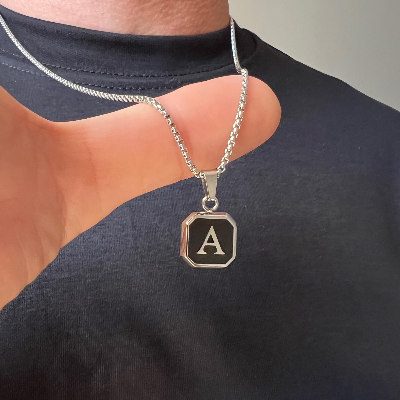Men's Stainless Steel Initial Pendant: Black Enamel Letter Necklace - Etsy