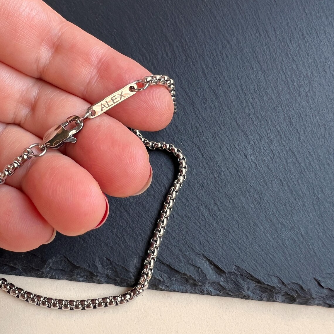 Personalized Men's Stainless Steel Chain Bracelet in Silver. Box Chain ...