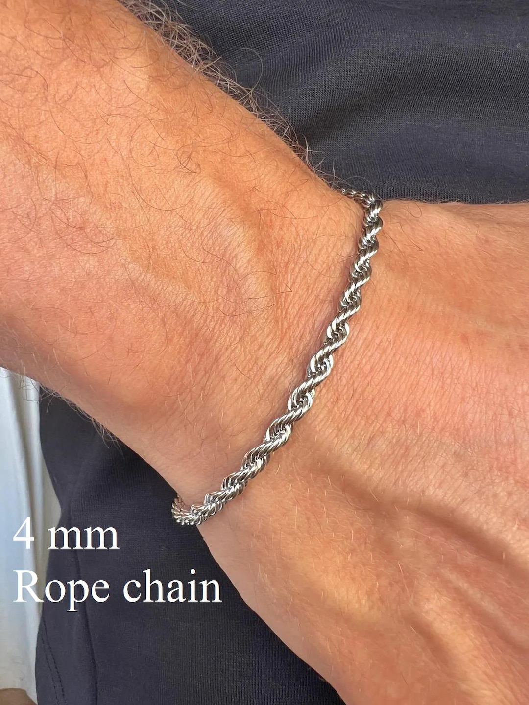 4mm. Men's Bracelet. Stainless Steel Rope Chain. Silver-tone - Etsy