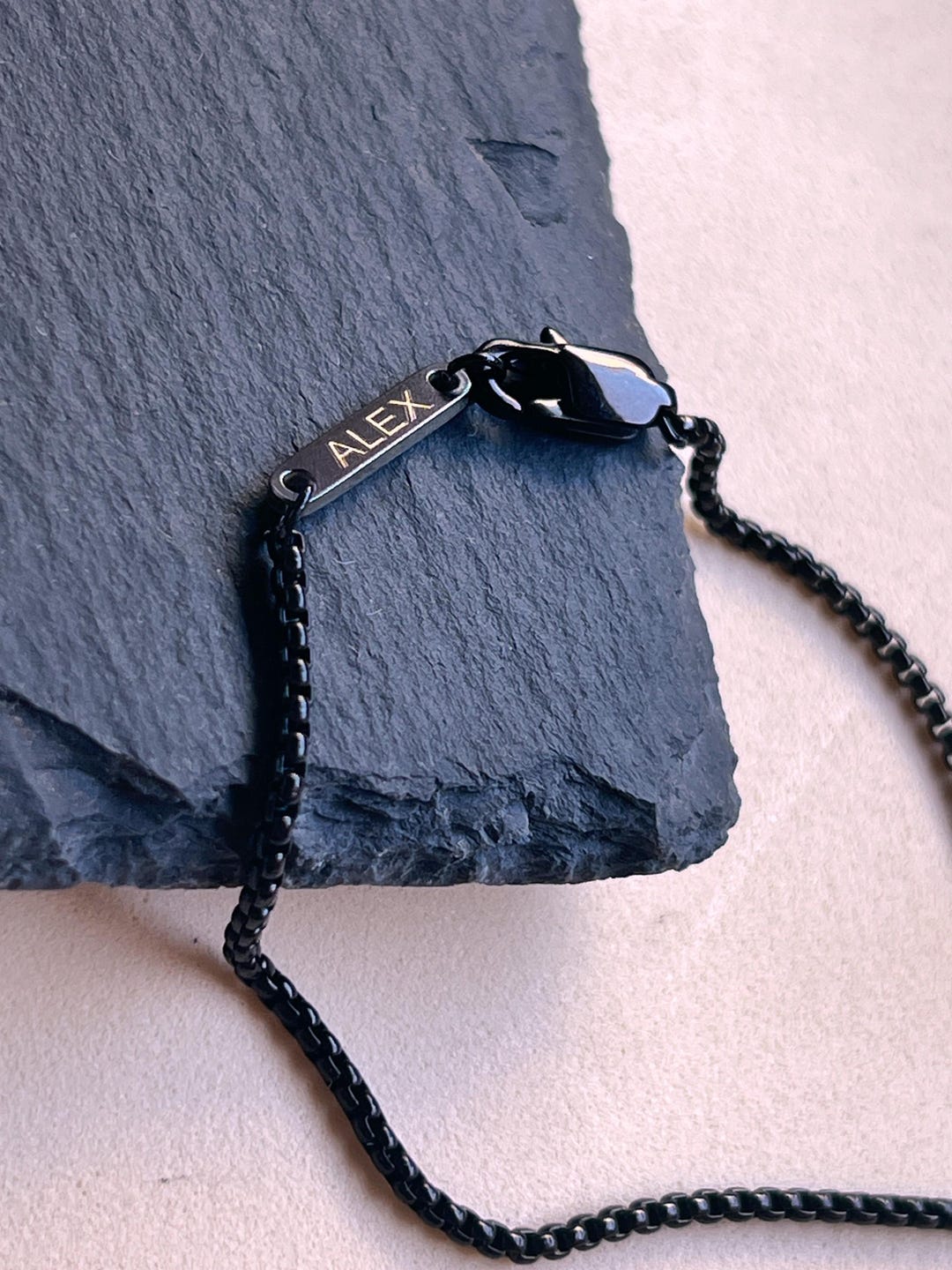 Personalized Men's Stainless Steel Chain Bracelet in Black. Box Chain ...